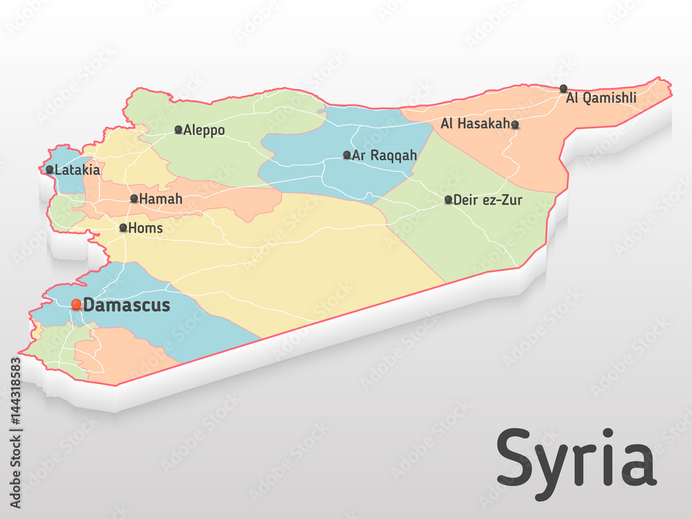 Syria map 3d with main cities and governorates. Volumetric map with ...
