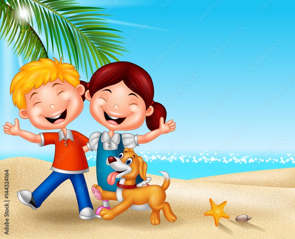Cartoon happy kids on the beach Stock Vector | Adobe Stock
