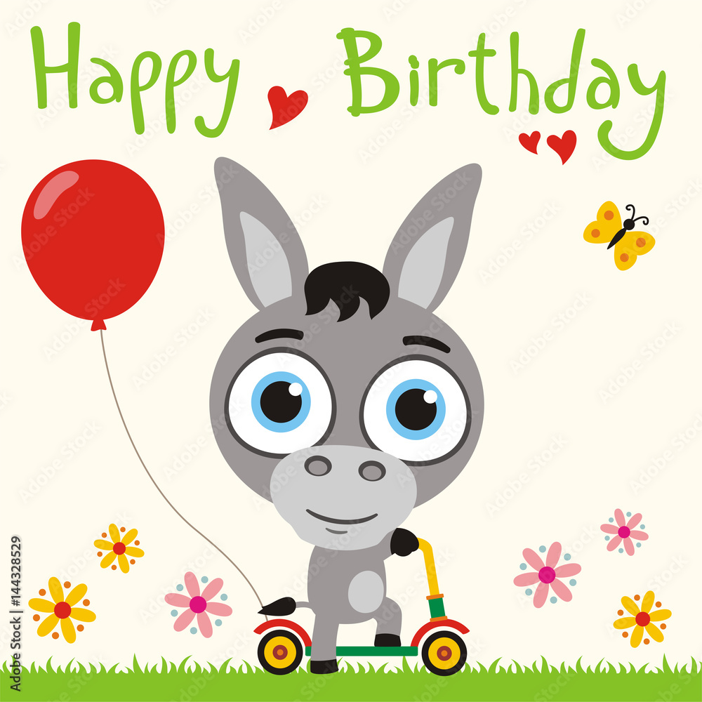 Happy birthday! Funny donkey going on scooter with red balloon ...