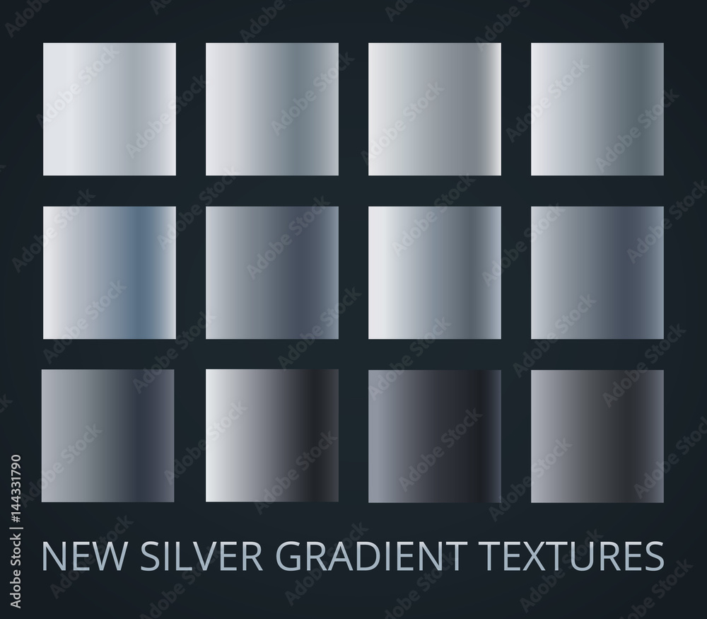 Set of 12 different silver gradients isolated on dark background. Stock ...