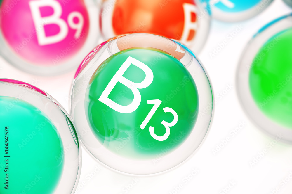 Vitamin B13, group of organic substances, food additive, isolated, on ...