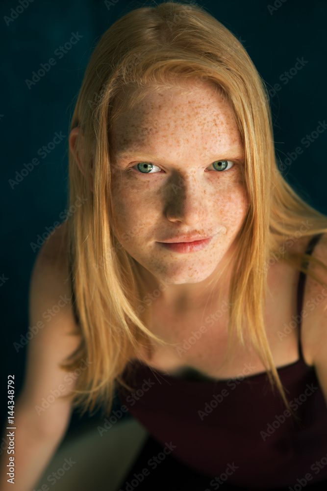Portrait redhead woman with freckles on the body. Similar to Elf and ...