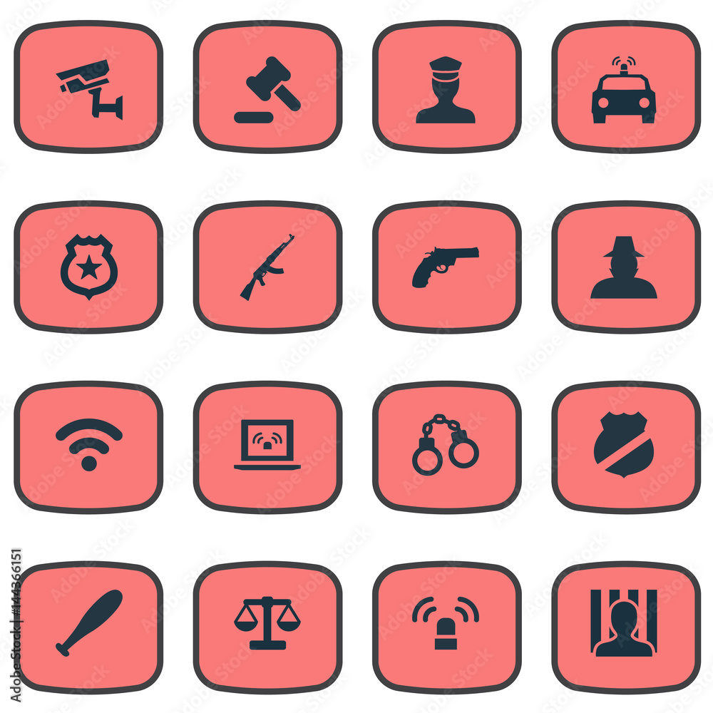 Vector Illustration Set Of Simple Fault Icons. Elements Hammer, Sheriff ...