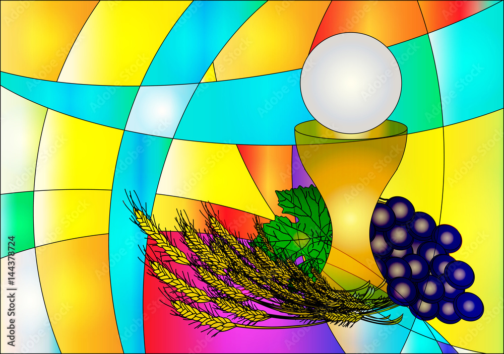 Eucharist symbols of bread and wine, chalice and host. Modern stained ...