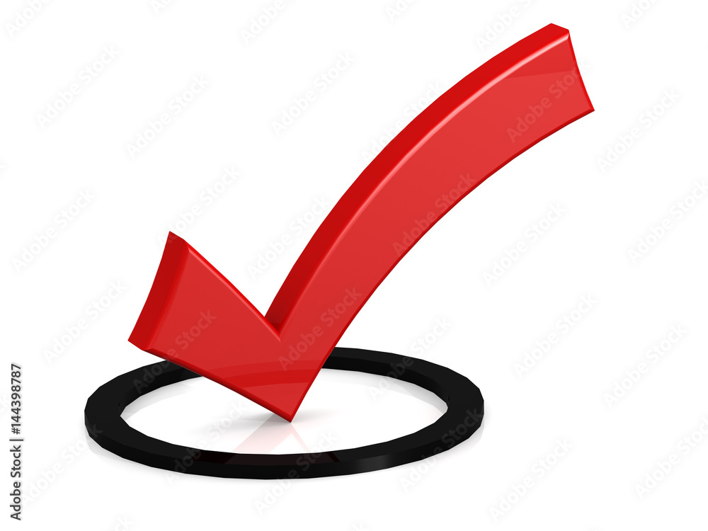 Red tick in the black round box Stock Photo | Adobe Stock