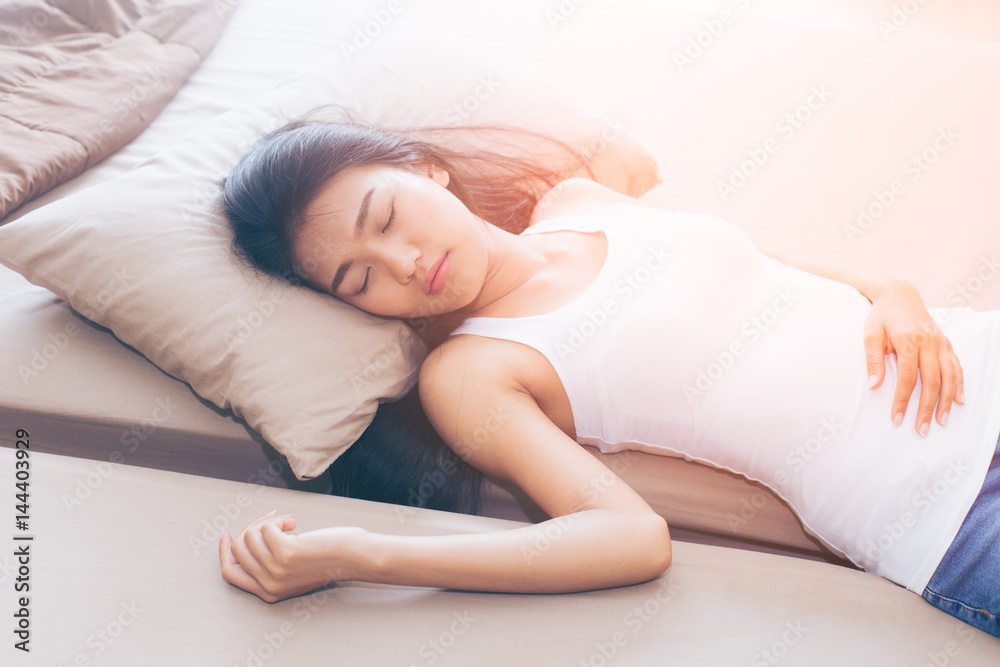 Asian cute woman deep sleep on bed in the morning, model is a asian ...