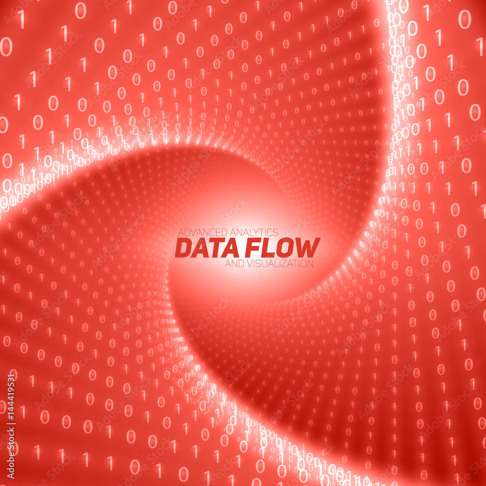 Vector data flow visualization. Red flow of big data as binary numbers ...