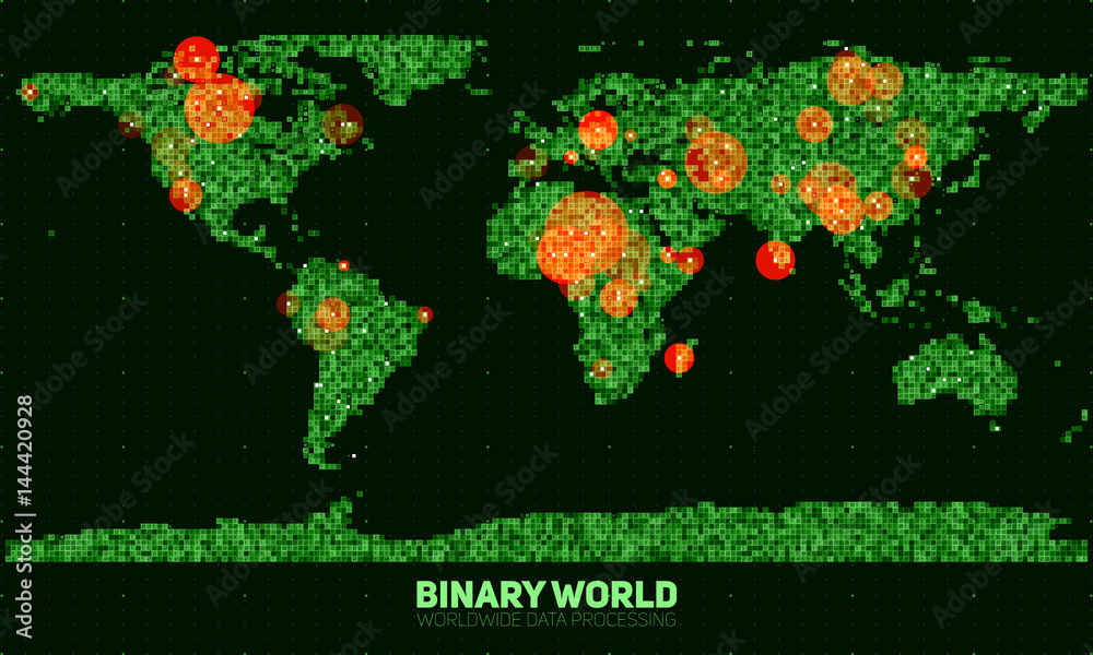 Vector abstract binary world map. Continents constructed from green ...