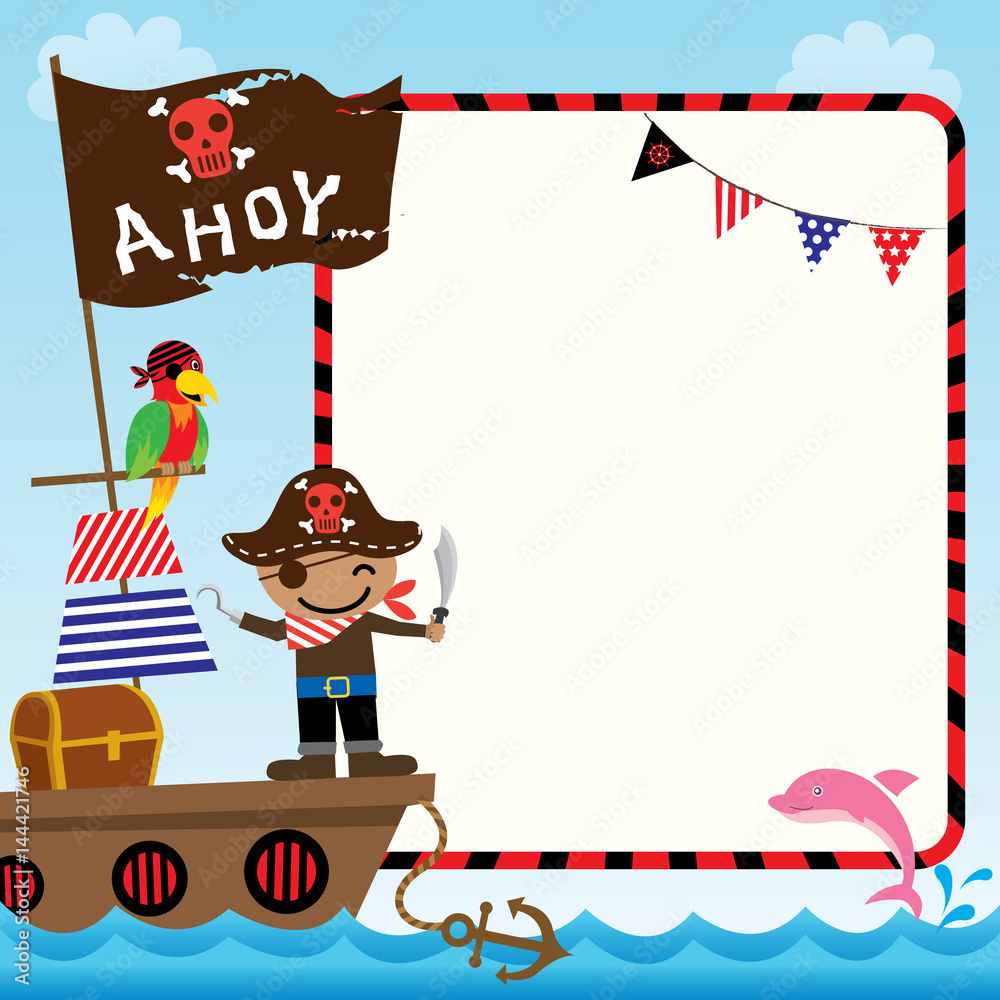 Pirate kids with ship on ocean sea background for template. Stock ...