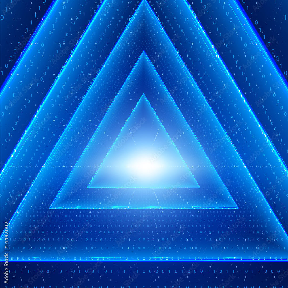 Vector Data Flow Visualization Triangle Glowing Tunnel Of Blue Big Data Flow As Binary Strings