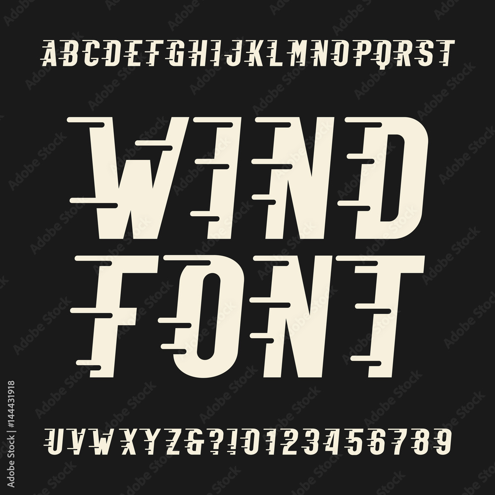 Wind alphabet vector font. Oblique type letters and numbers. Vintage ...