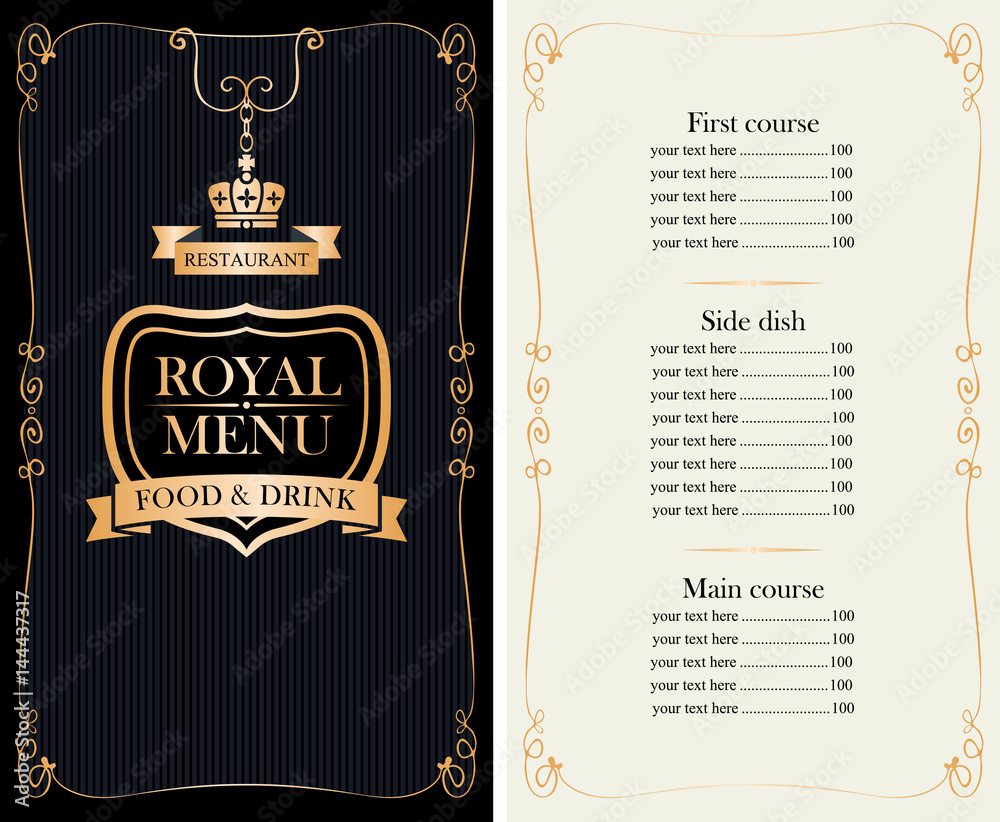 royal menu for restaurant or cafe with price list, gold crown and curly ...