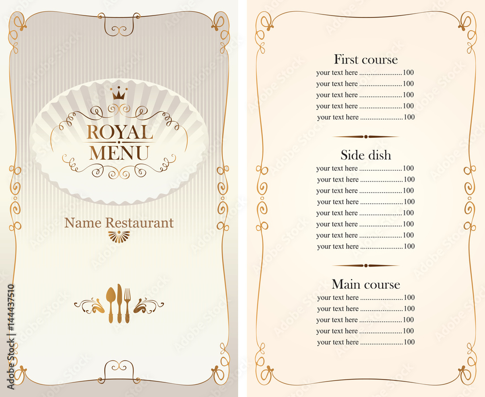 royal menu for restaurant or cafe with price list, gold pattern ...