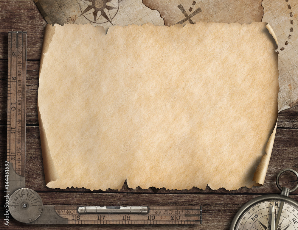 Old blank map background and compass. Adventure concept. 3d ...