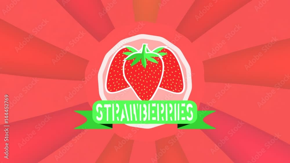 Strawberries logo with green ribbon and pink swirl background. Farmer ...