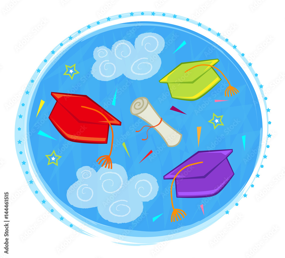 Graduation Clip art - Colorful graduation caps and diploma on a blue ...