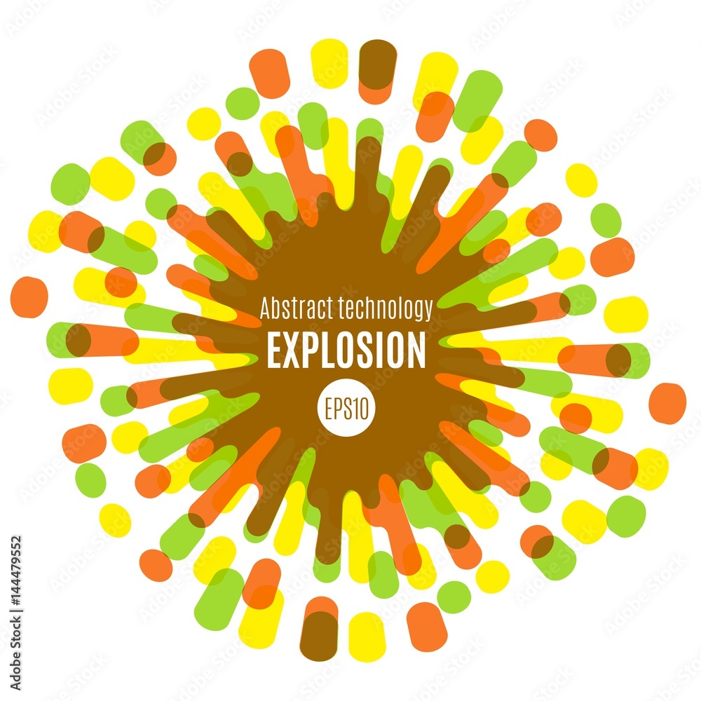 Modern colorful flat sun. Fun liquid circle explosion with drops and ...