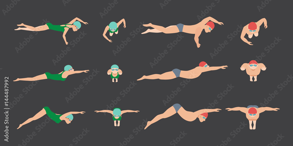 Vector illustration of swimming style scheme different swimmers man and ...