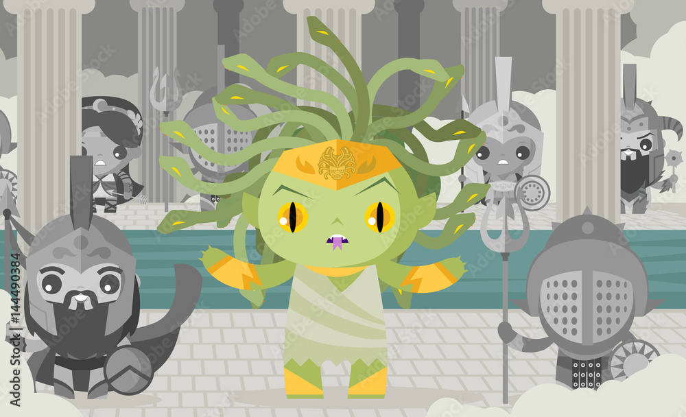 medusa gorgon cute in lair with stone statues Stock Vector | Adobe Stock