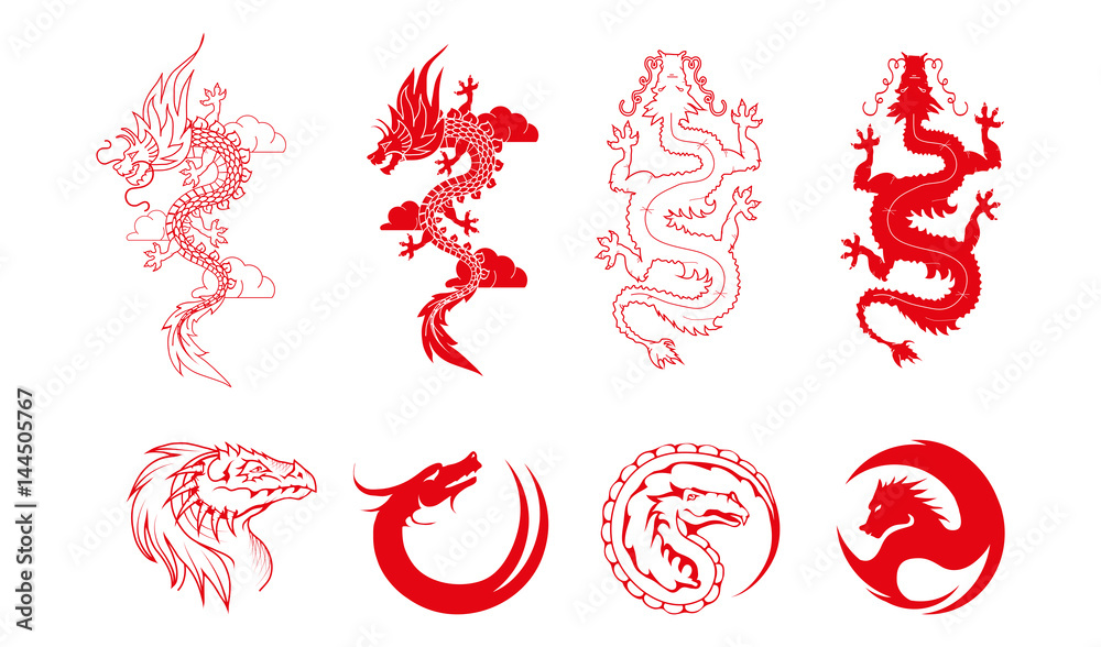 Vector set of red dragons and dragon logo Isolated on white background ...