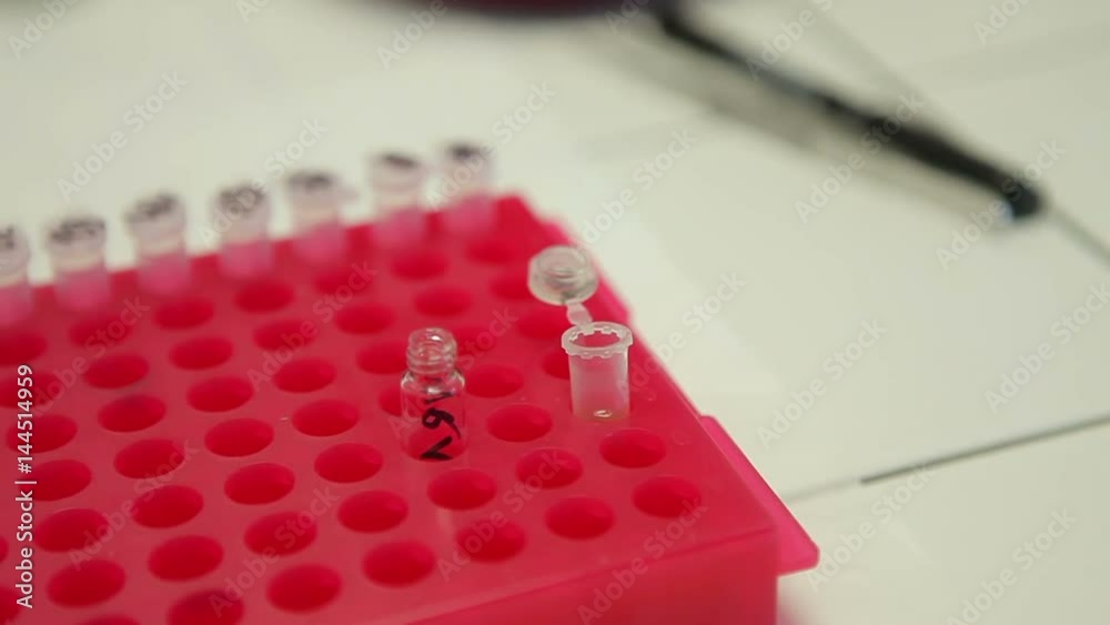 Detail laboratory tubes with chlorophyll, cuvette pipetting, science ...