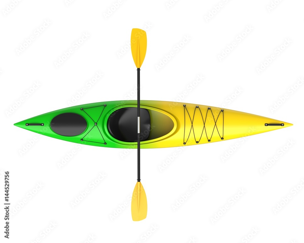 Three horizontal view of yellow green crossover kayak with paddle ...