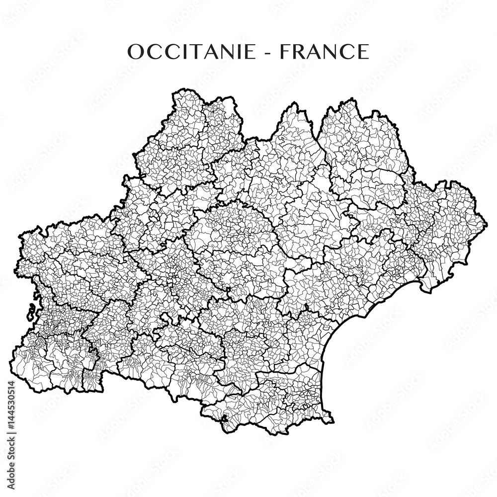 Póster Detailed map of the region of Occitanie, France including all ...