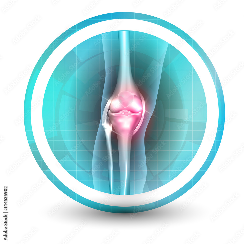Knee joint health care icon, abstract transparent shapes and wave at ...