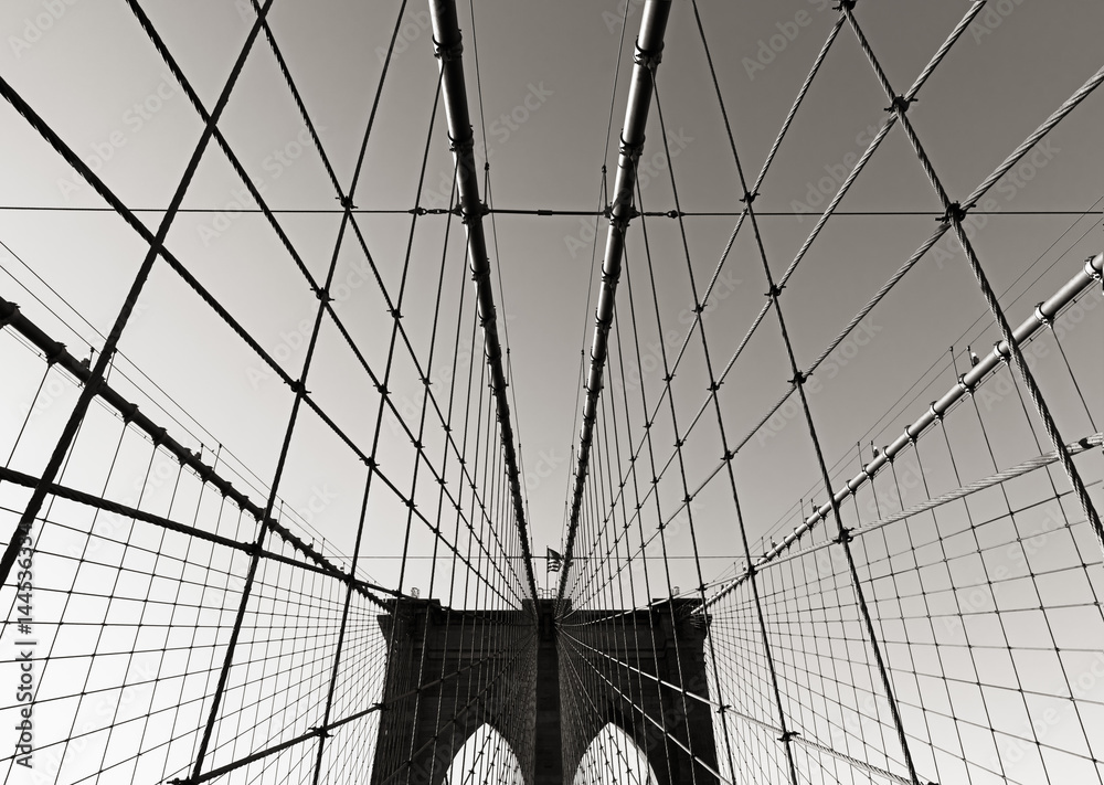 Brooklyn Bridge towers, in Black & White, with double gothic arches and ...