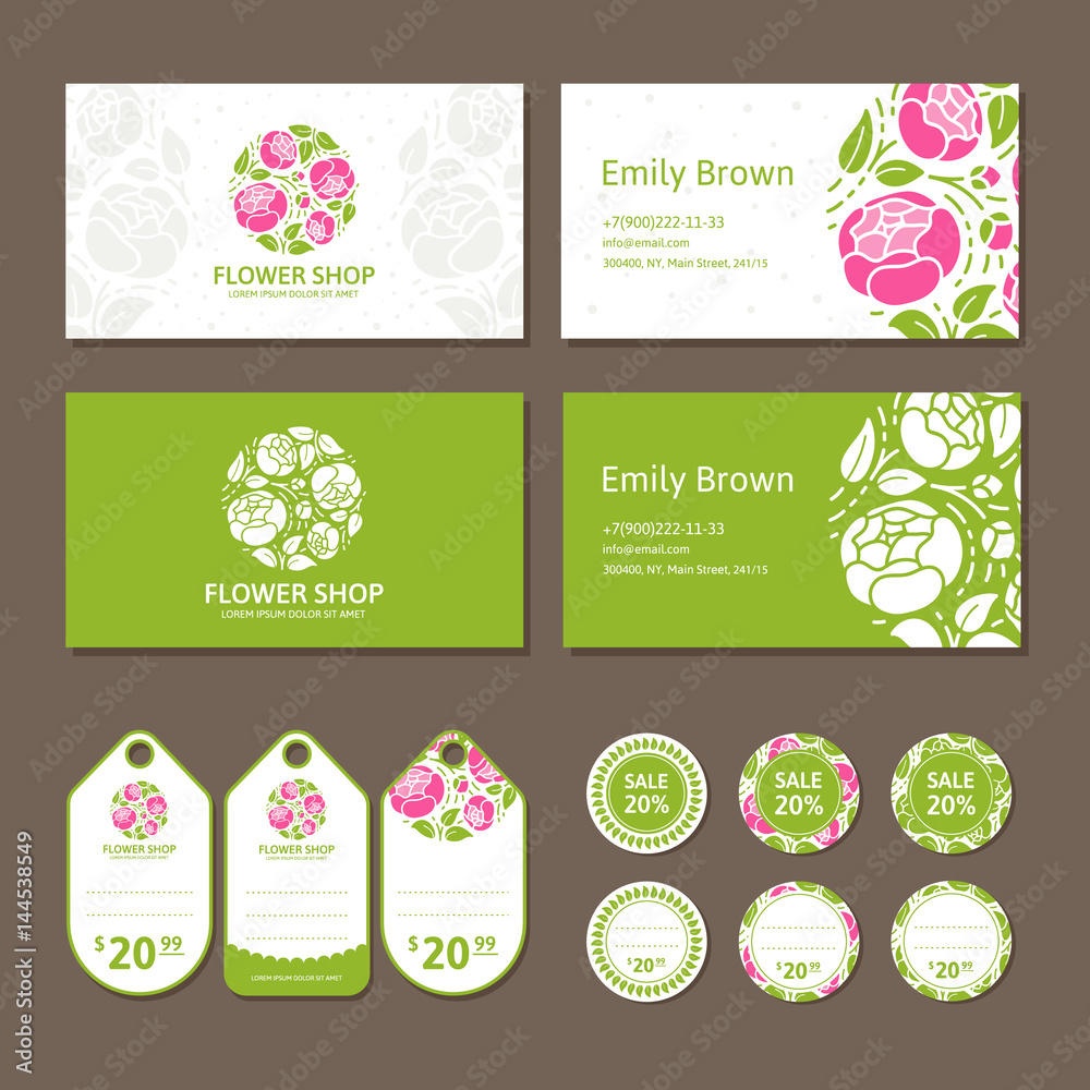 Corporate identity for a flower shop. Logo, business card and price tag ...