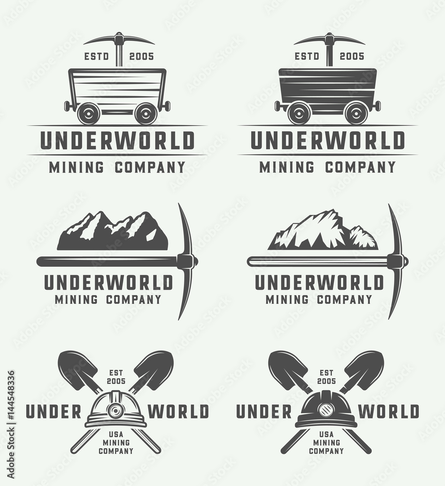 Set of retro mining or construction logo badges and labels in vintage ...