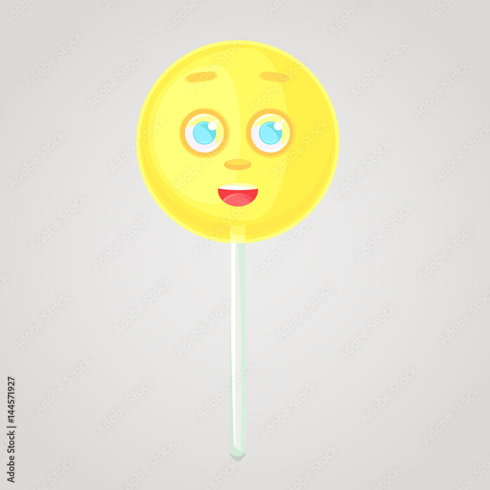 Yellow candy is an emotional icon, voluminous with a face, on a stick ...