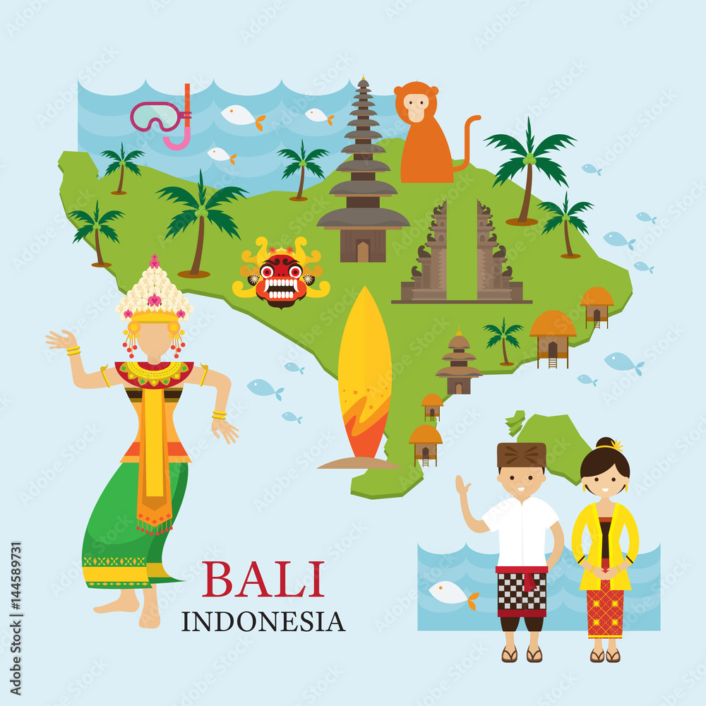 Bali, Indonesia Map with Travel and Attraction, Landmarks, Tourism and ...