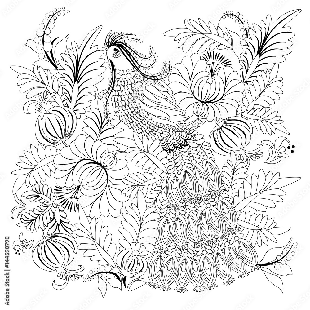 Tropical wild bird. Coloring book for adult and older children ...