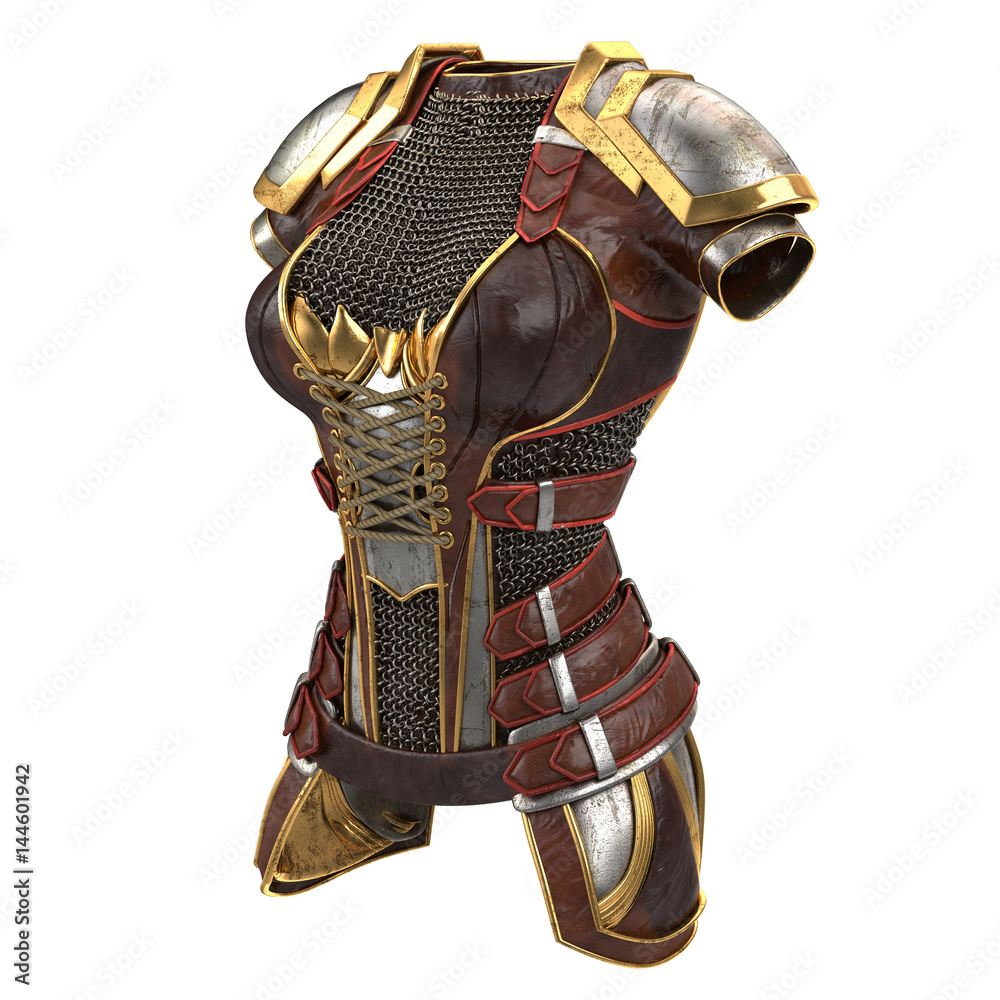Female armor on the body with chain mails on an isolated white ...
