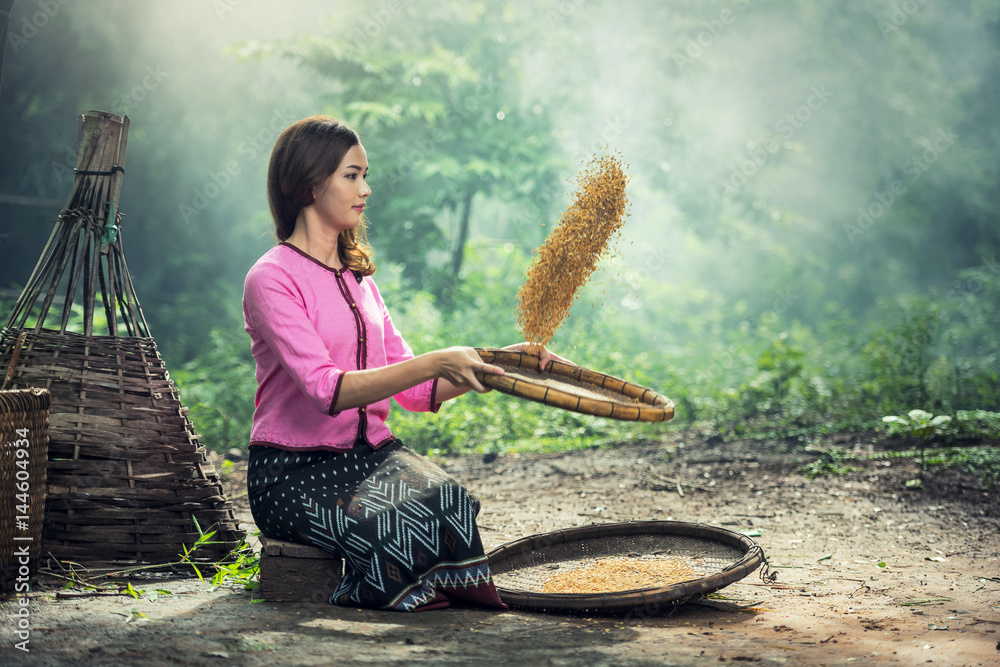 Beautiful girl winnowing rice separate between rice and rice husk Stock ...