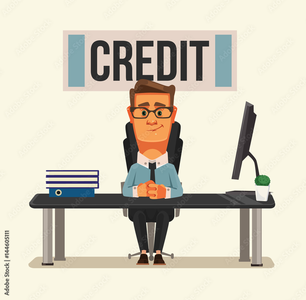 Smiling credit manager character sitting at bank office. Vector flat ...