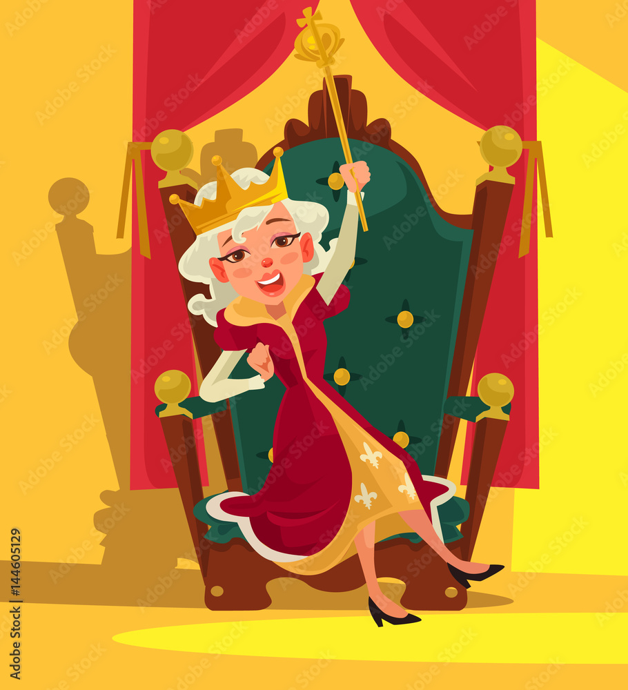Happy smiling drunk Queen sits on throne. Vector flat cartoon ...