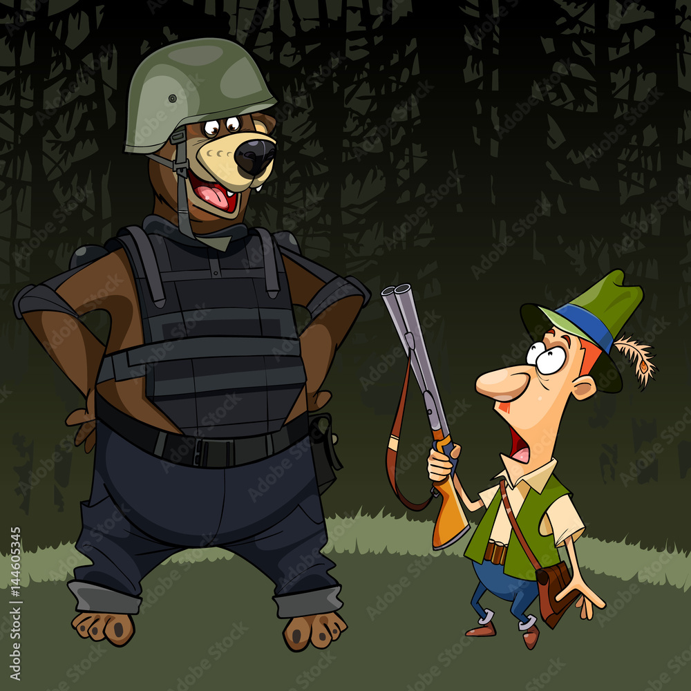 cartoon hunter with a gun was afraid of a bear in body armor Stock ...