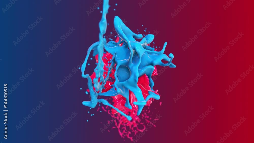 Red and blue abstract fluids collide in the laps of the 3d flown around ...