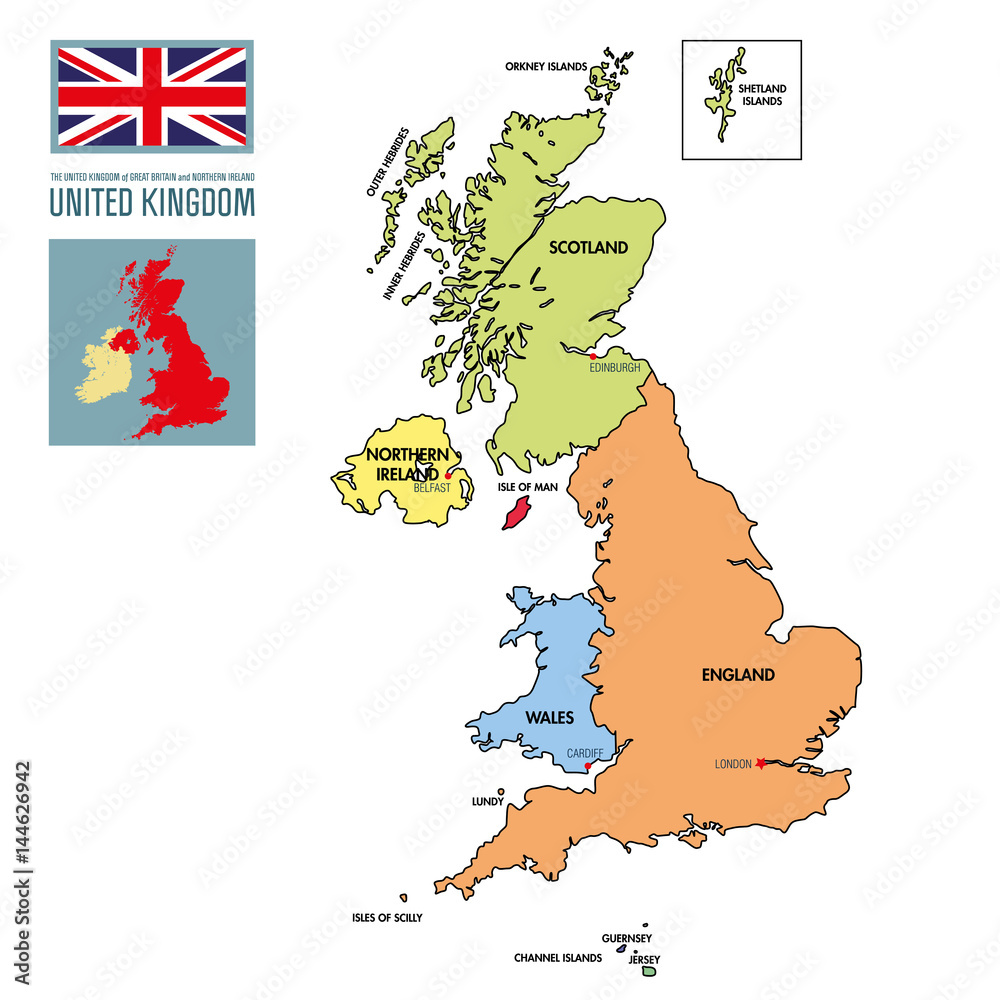 Political map of United Kingdom with regions and their capitals Stock ...