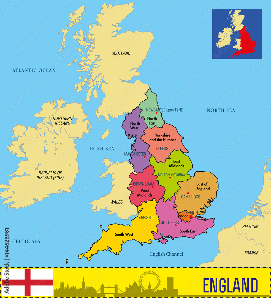 Political map of England with regions and their capitals Stock Vector ...