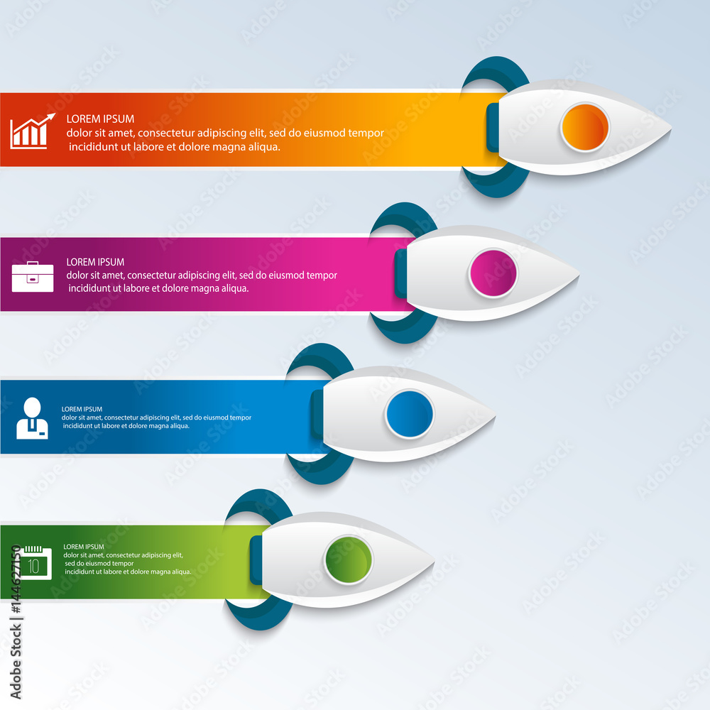 Vector space illustration. The rocket template with colored horizontal ...