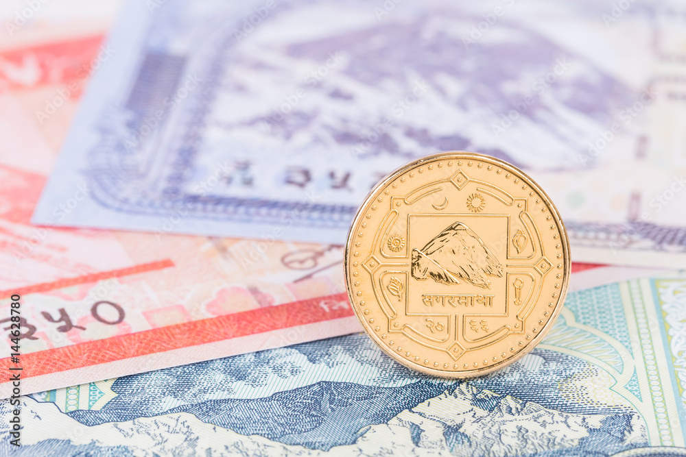 Nepalese money Rupee Nepal banknote focus on coin Stock Photo | Adobe Stock