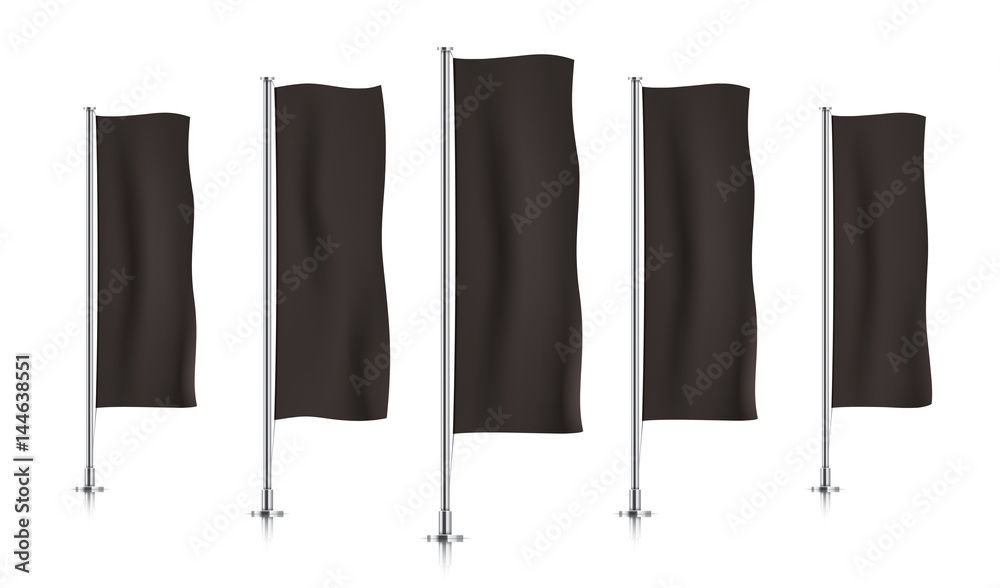 Five black vertical banner flags, standing in a row. Banner flag ...