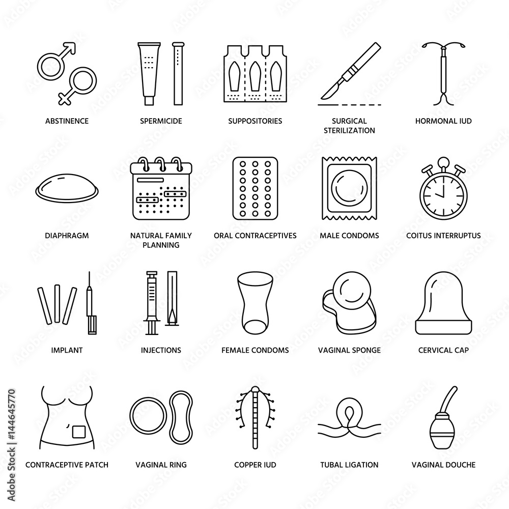 Contraceptive methods line icons. Birth control equipment, condoms ...