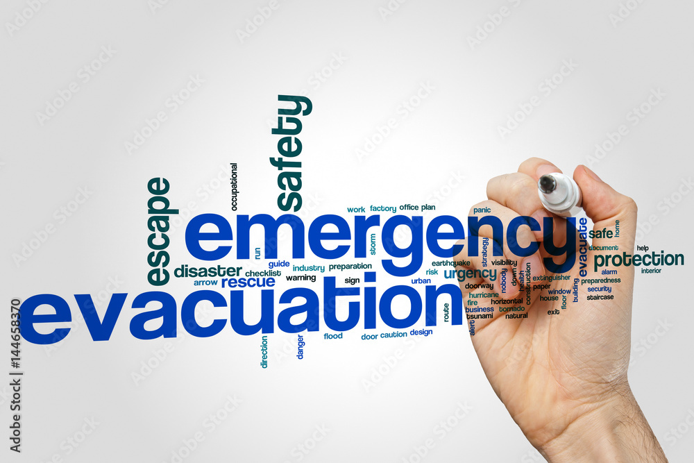 Emergency evacuation word cloud concept on grey background Stock Photo ...