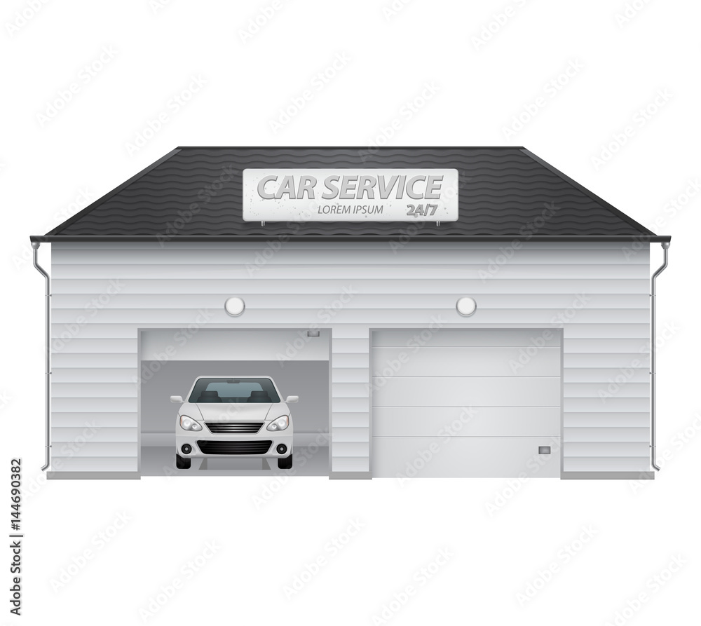 Auto service center with automatic gates and parked white car. Facade ...