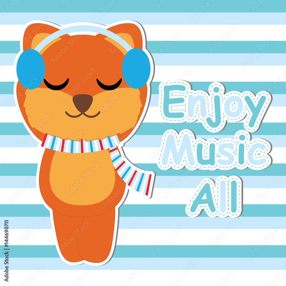Cute Fox listen music on striped background vector cartoon, Baby shower ...