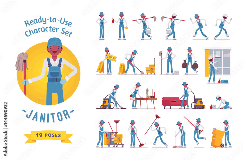 Ready-to-use male janitor character set, various poses and emotions ...